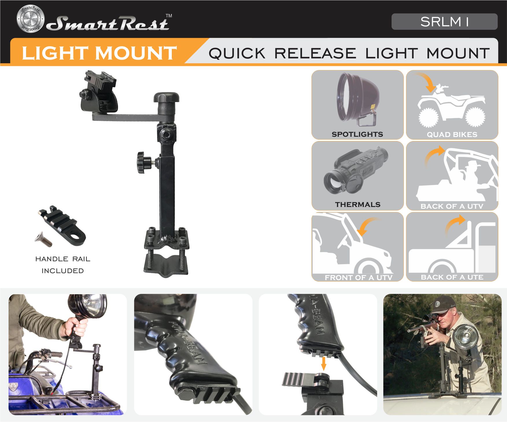 SmartRest Light Mount Post and Swivel Arm For Spotlights on Quad Bikes
